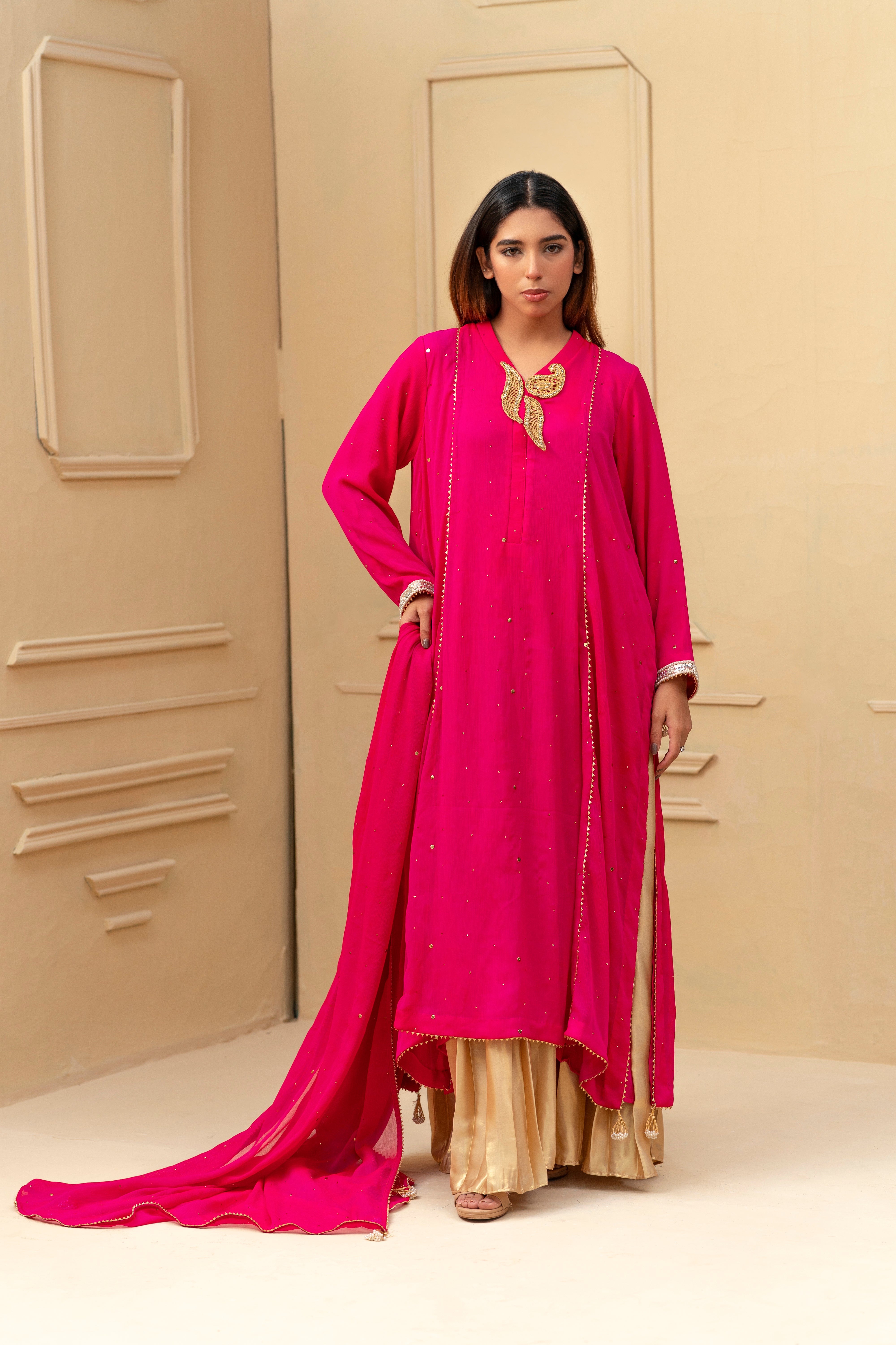 Bright Pink and Gold Wide Leg Shalwar Kameez – Zawa Boutique